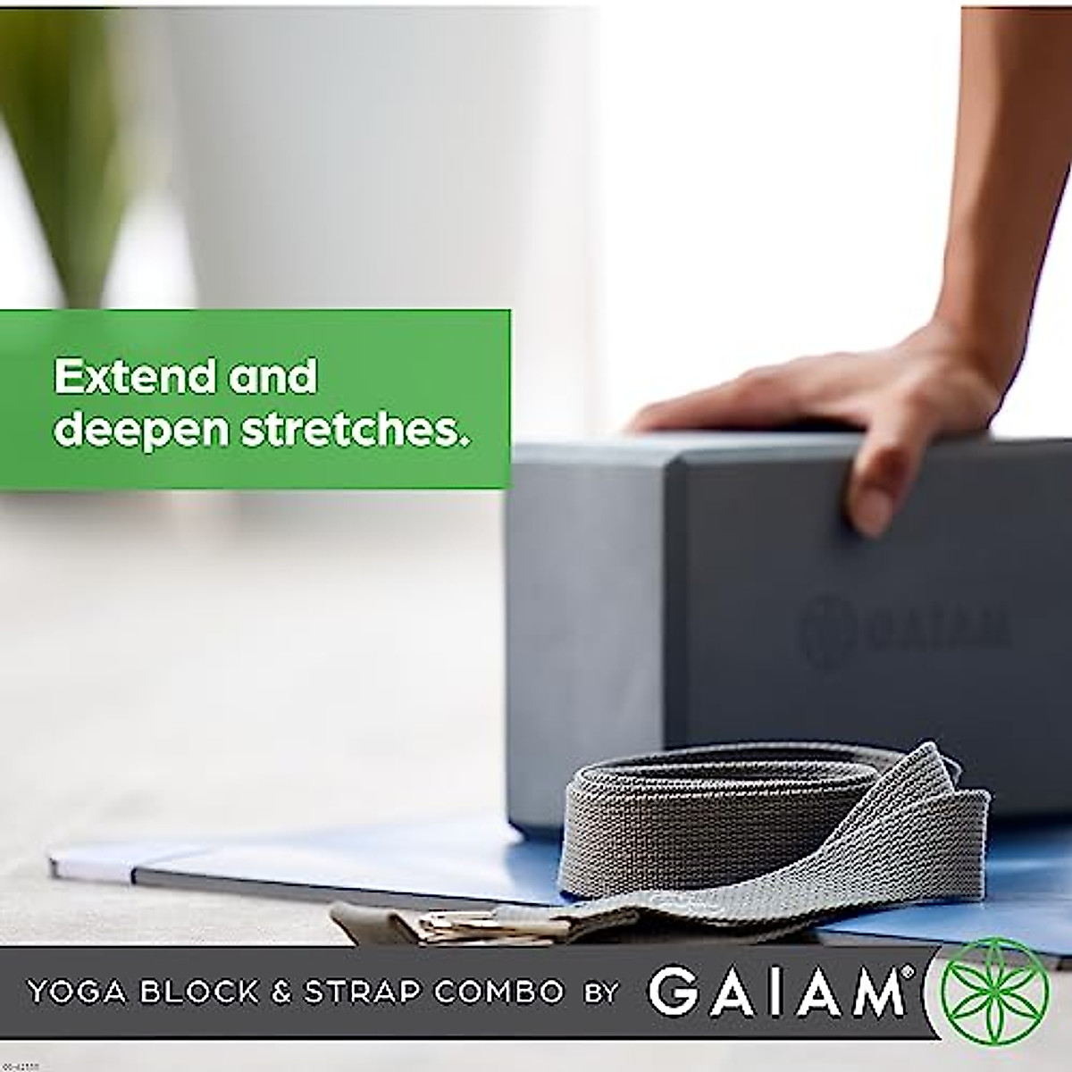 Gaiam Yoga Block & Yoga Strap Combo Set - Yoga Block with Strap, Pilates & Yoga Props to Help Extend & Deepen Stretches, Yoga Kit for Stability, Balance & Optimal Alignment - Grey