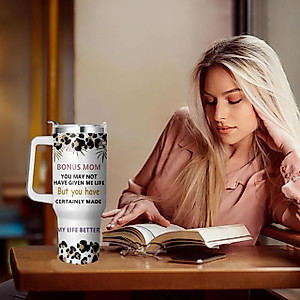 Ksoemar 40 Oz Best Bonus Mom Tumbler with Handle and Straw, Double Wall Stainless Steel Best Bonus Mom Cups, Step Moms Gifts for Ideas for Birthday, Mothers Day For Stepmoms, Mother