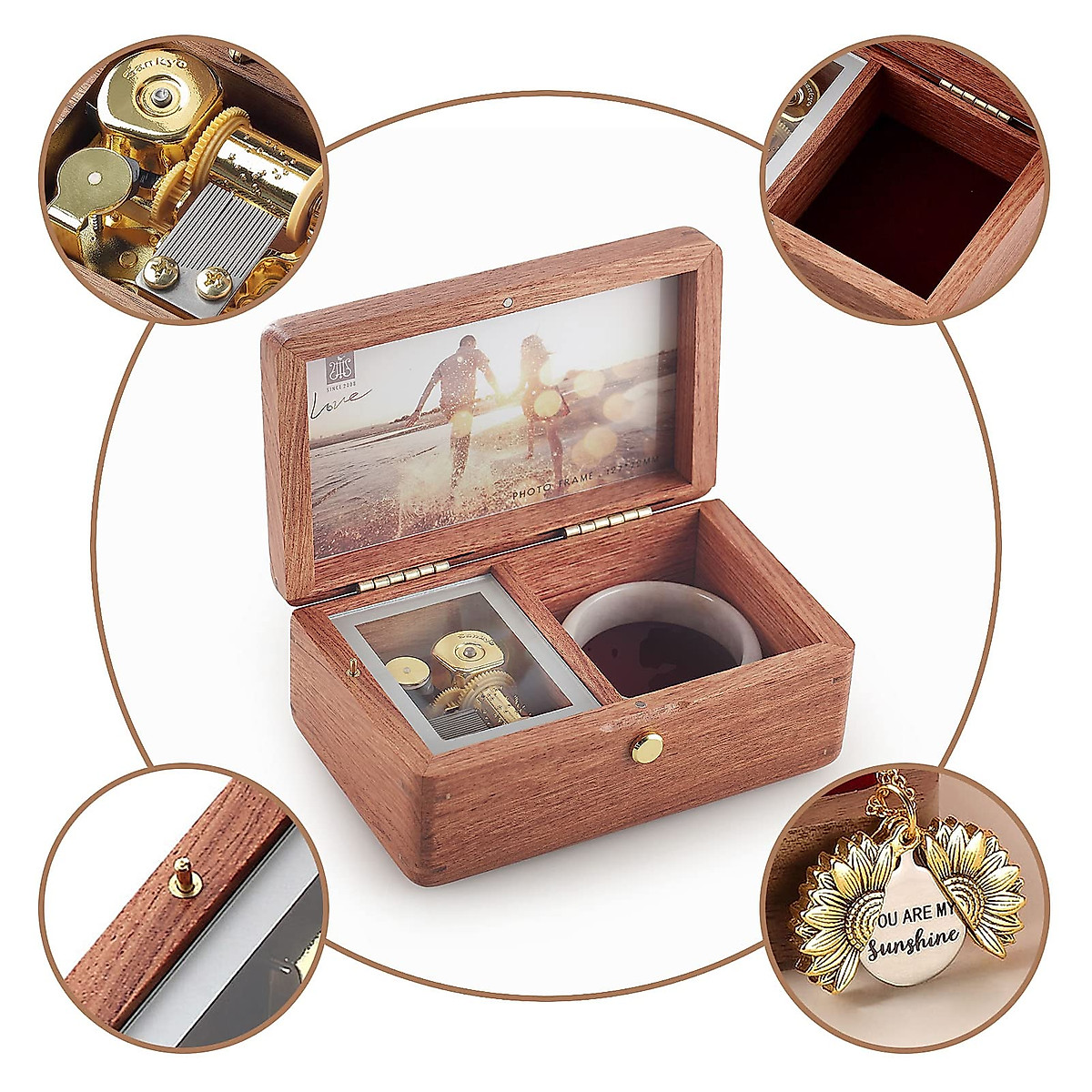 SOFTALK Vintage Jewelry Box Musical Boxs with Customizable Photos Case for Gifts Christmas Birthday and Valentine's Day（Simple Rosewood, Tune : Howl's moving castle-Merry Go Round of Life）