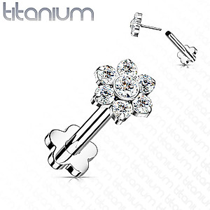 Dynamique Implant Grade Titanium Threadless Push In Flower Base Labret, Flat Back Studs With CZ Flower Top For Cartilage, Monroe (Sold Per Piece)