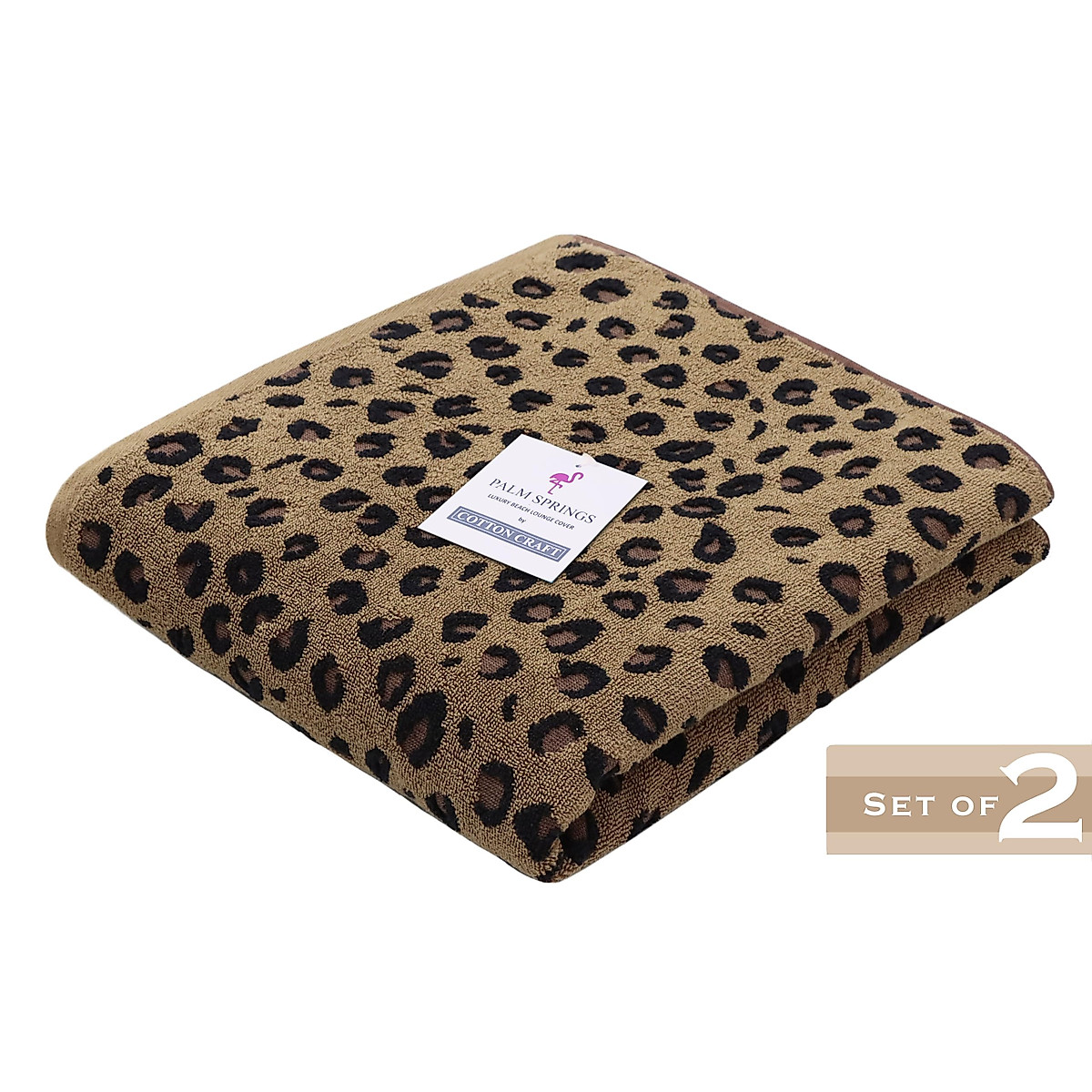 COTTON CRAFT Pool Lounge Chair Cover - 2 Pack Animal Print Cheetah Leopard Africa Safari Chaise Lounge Cover - Soft 100% Cotton Jacquard Beach Towel - 32 inches Wide x 82 inches Long and 7 inch Pocket