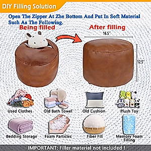 Thgonwid Unstuffed Faux Leather Pouf Cover, Handmade Footstool Ottoman Storage Solution, Floor Footrest Cushion - 16.5”x12.5”, Amaretto