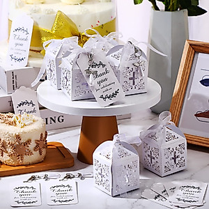Outus 60 Pcs Baptism Party Favors for Guest Boy Girl Baby Shower Favors Bulk 20 Angel Pendant Keychains Decoration 20 Thank You Tags 20 Cross Shape Boxes for First Communion Holy Return Gifts(White)