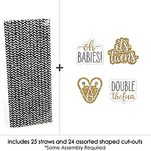 It's Twins - Paper Straw Decor - Gold Twins Baby Shower Striped Decorative Straws - Set of 24