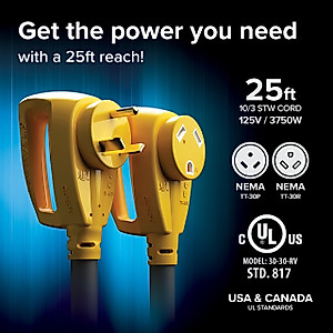 Camco Power Grip 25-Ft 30 Amp RV Extension Cord - Rated for 125V / 3,750W - Features Heavy Duty 10-Gauge Copper Wire for Superior Conductivity & Coated w/Heat-Resilient PVC (55191)