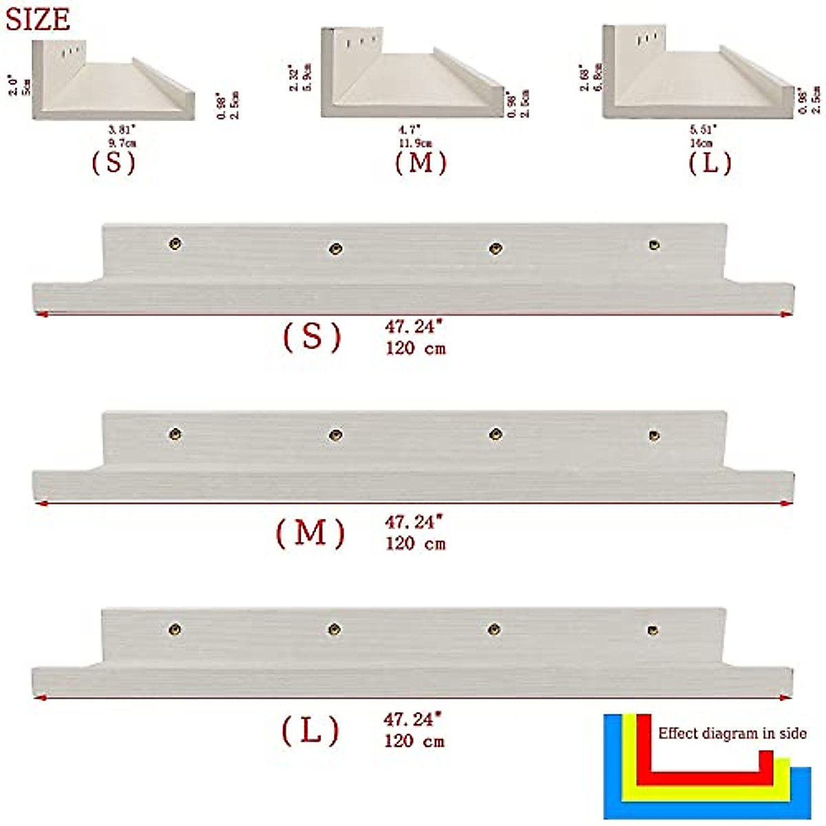 Calenzana Wall Mounted Floating Shelves, 3 Pack 47 inch and 3 Pack 16 inch Photo Picture Ledge Shelf for Living Room Bathroom Bedroom Kitchen Office, Creamy White