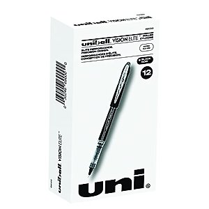 uni-ball Vision Elite Rollerball Pens Fine Point Micro Tip, 0.5mm, Black, 12 Pack