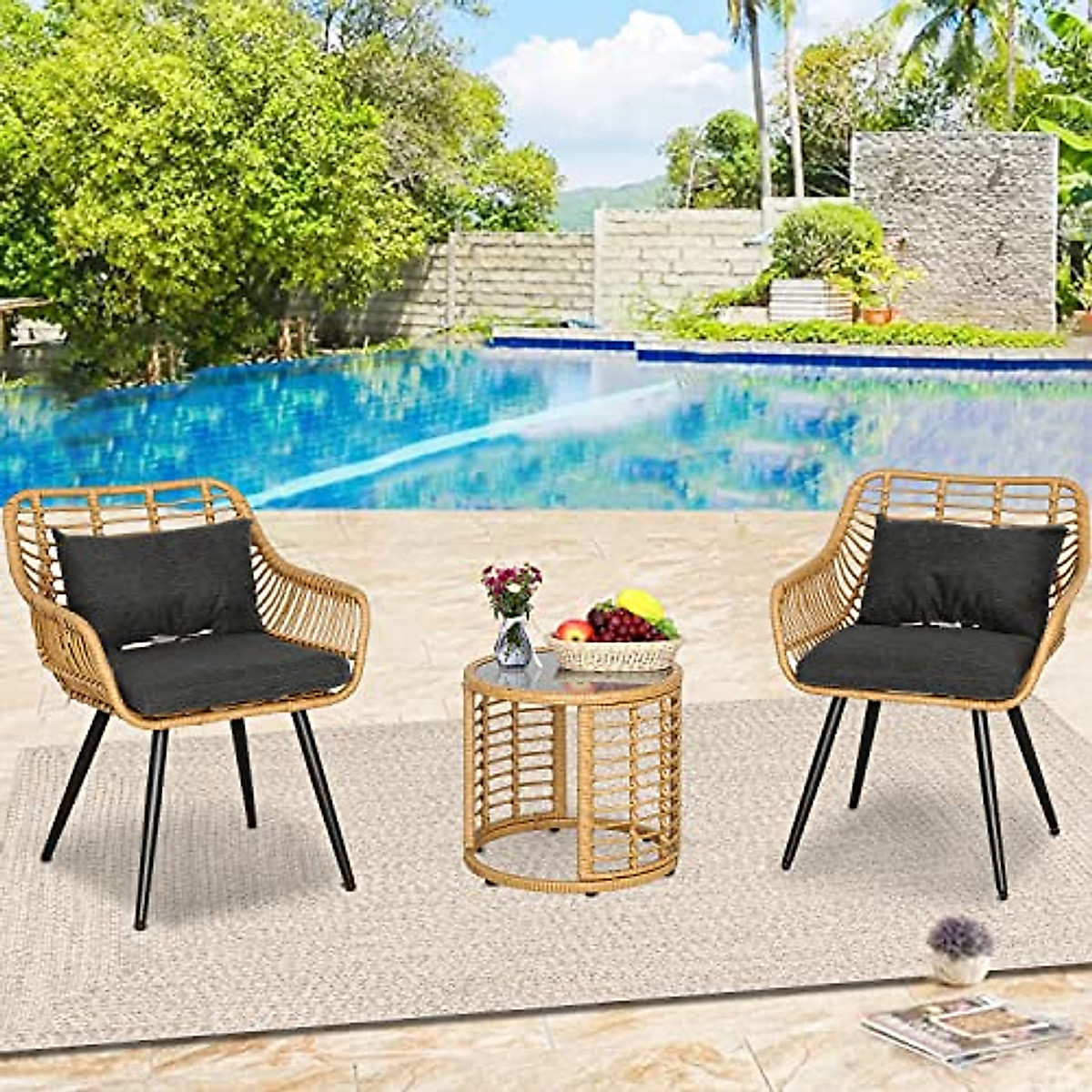 Furnivilla Patio Porch Furniture Sets 3 Pieces PE Rattan Wicker Chairs with Tempered Glass Table for Backyard Garden Porch (Beige/Black)