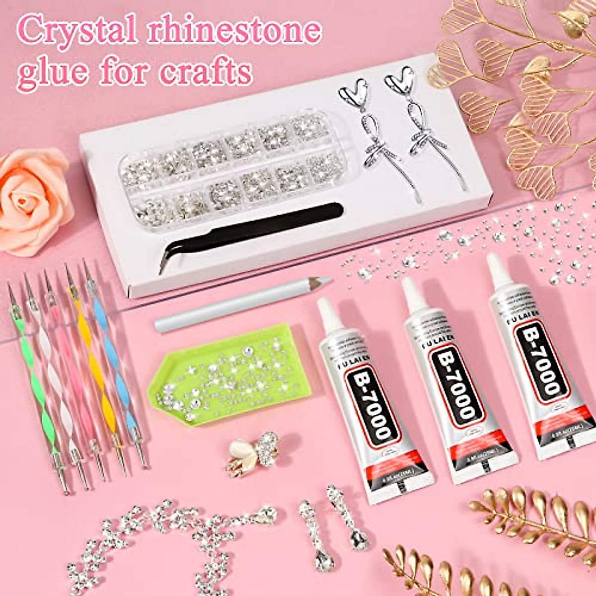 B7000 Rhinestone for Glue, 3 PCS 25ml Craft Adhesive Glue for Crafts with 3000pcs Flatback Rhinestones Gems with Picker Tool Wax Pencil Fabric Glue for Nail Art Bead Jewelry Making Clothes Shoe Bags