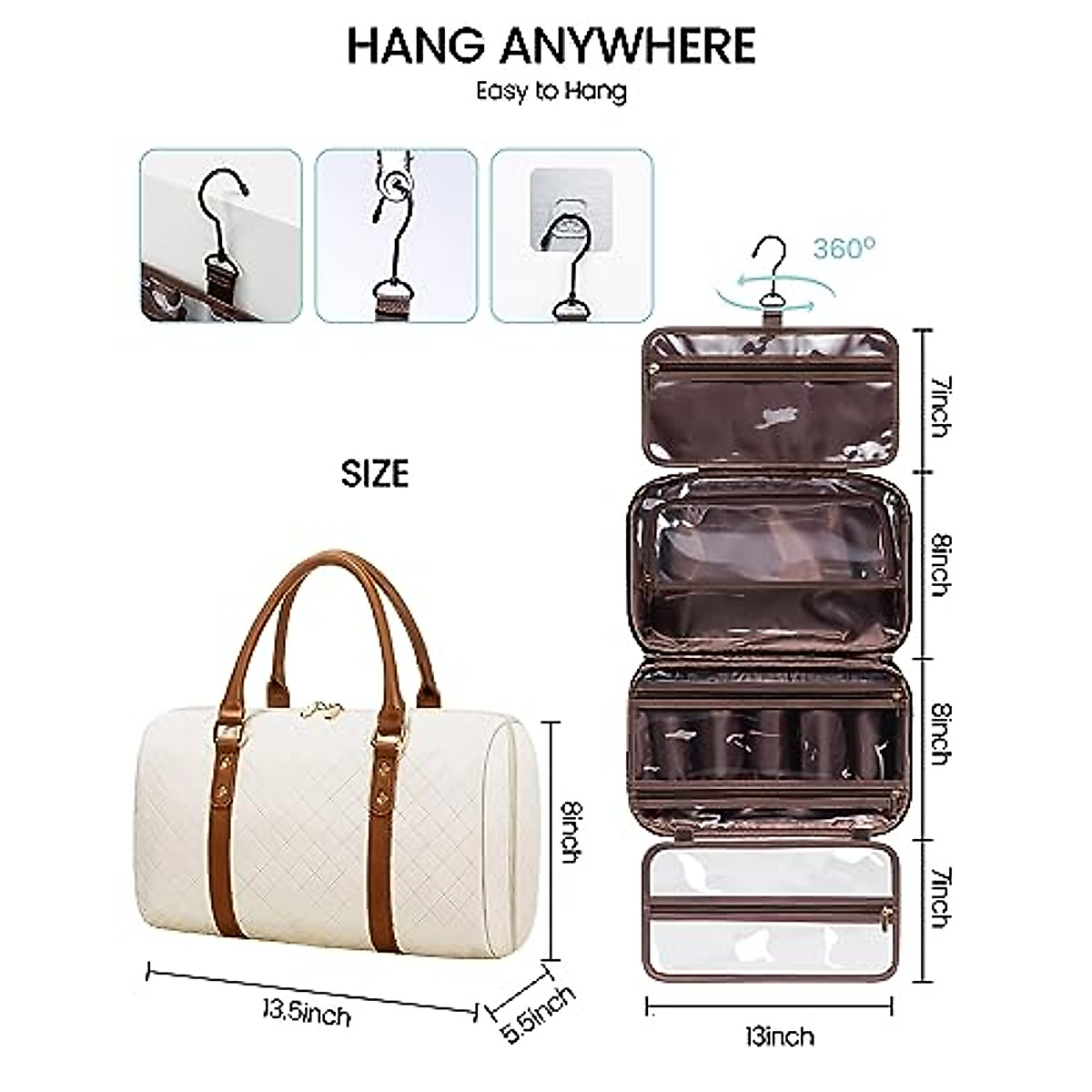 LOVEVOOK Travel Toiletry Bag for Women, Bathroom Toiletry Organizer with Hanging Hook, Large Makeup Case with Detachable Pocket, Perfect Cosmetic Traveling Essential for Full Sized, Beige-Brown