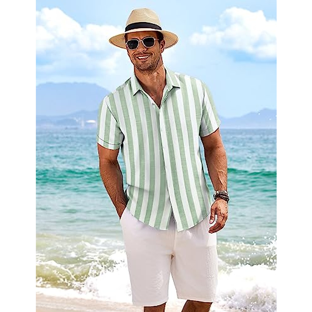 COOFANDY Men's Linen Cotton No Wrinkle Short Sleeve Button Down Shirts Pink Green Stripe