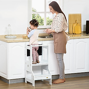 Qaba Kids Kitchen Step Stool, 2 in 1 Kitchen Table Set Toddler Standing Tower with Chalkboard, Safety Rail for Kitchen, Bathroom, Bedroom, White
