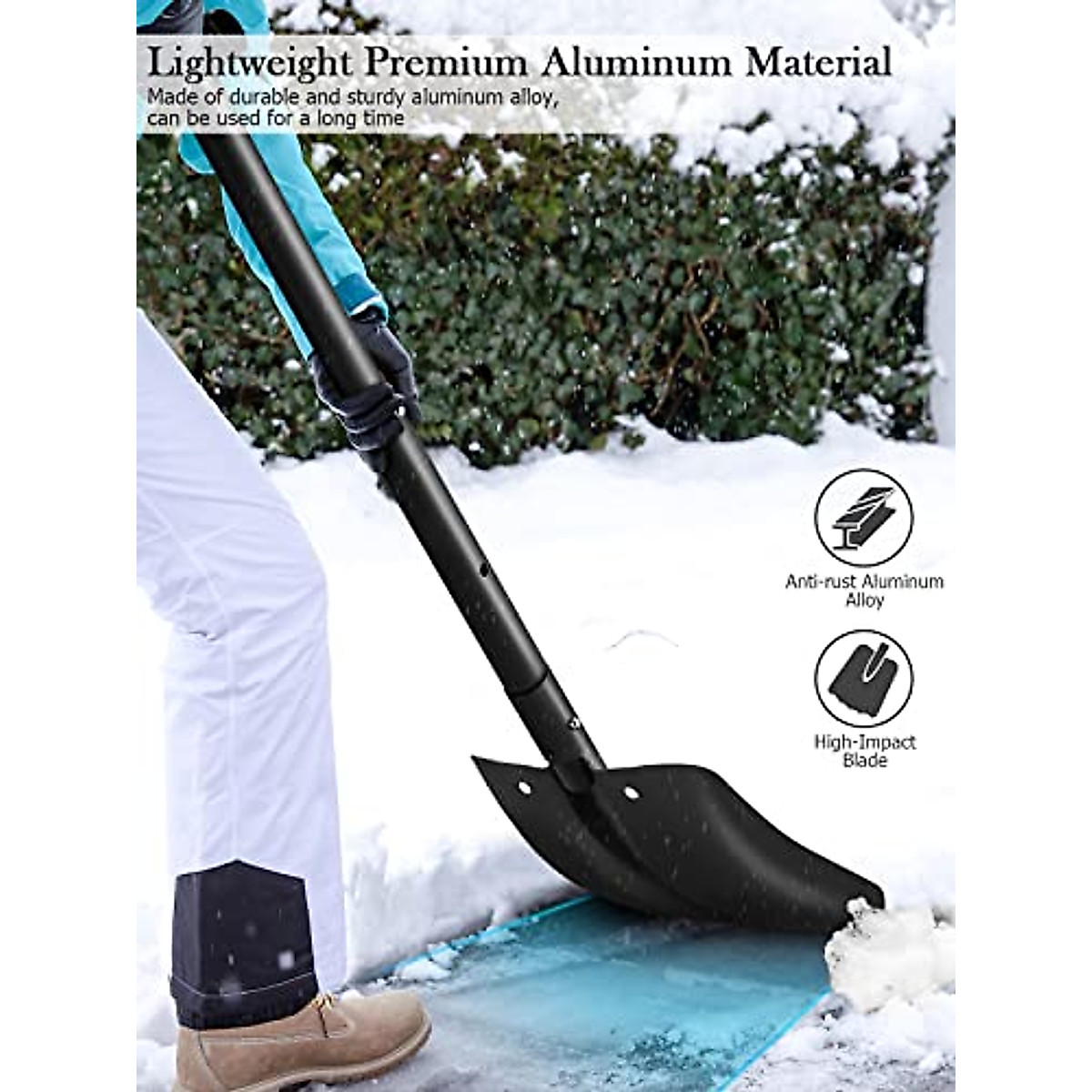 Pawsdot Snow Shovel, 36.2" Retractable Large Capacity Snow Shovel 3 Piece Aluminum Lightweight Portable Metal Snow Shovel for Car Driveway Trunk Camping Garden Beach Snow Removal, Black