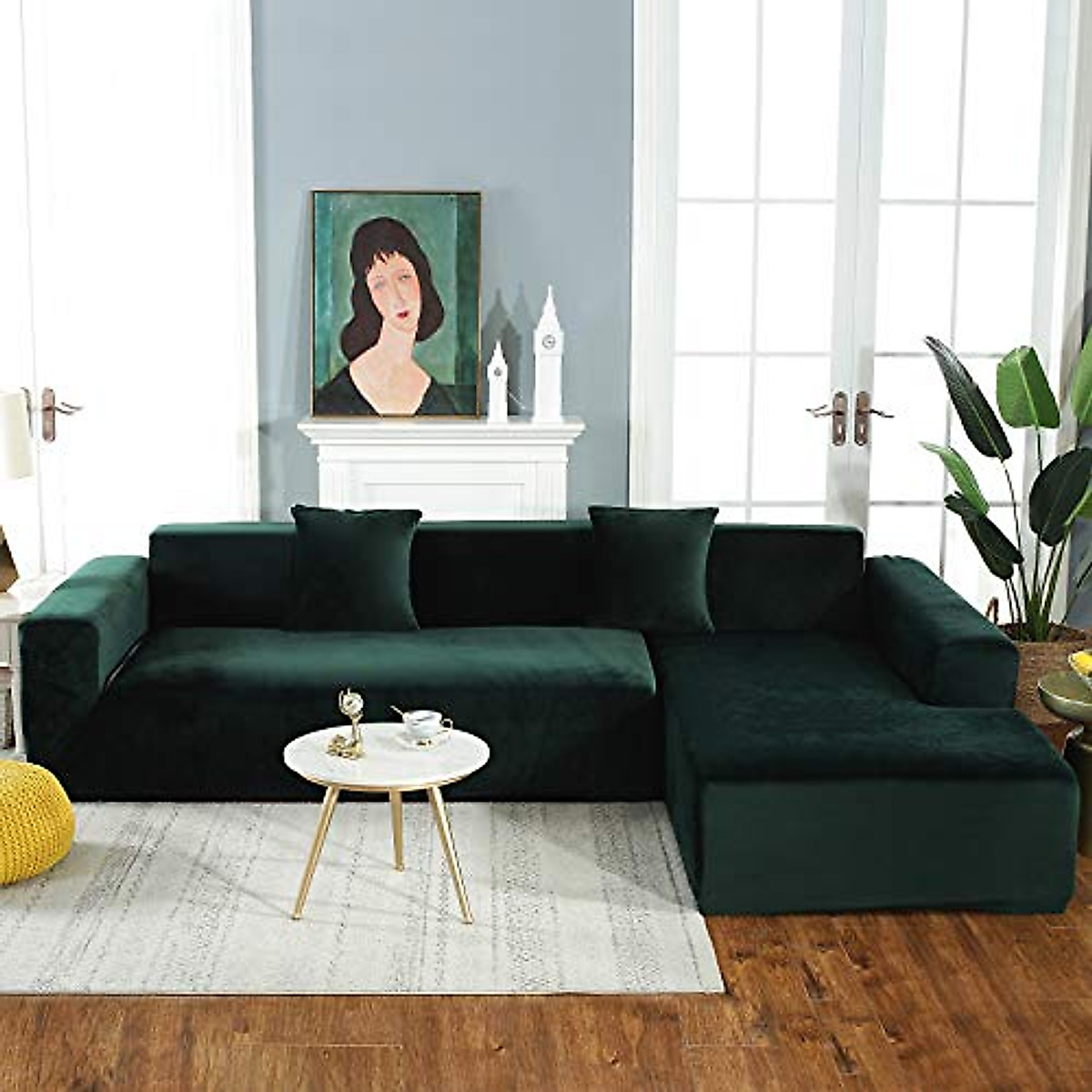 Foreate Stretch Velvet Sofa Slipcover Non-Slip Couch Covers for Loveseat/3 Cushion/4 Cushion Sofa/L Shaped Sofa, Sofa Protector from Kids and Pets with Elastic Bottom, Washable, Green