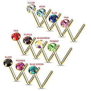 PiercingPoint 9K Solid Yellow Gold Claw Set 1.5MM Aquamarine Genuine Crystals Stone 22 Gauge L-Shape Nose Stud Jewelry