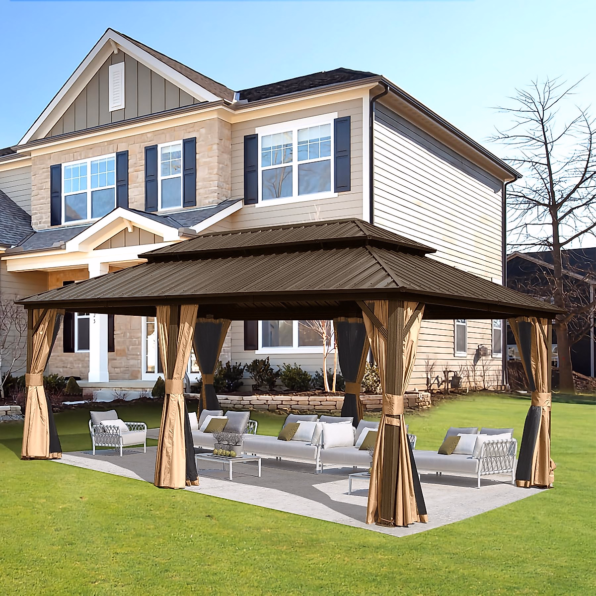 Domi 12' x 20' Hardtop Gazebo Permanent Metal Gazebo with Galvanized Steel Double Roof, Curtains and Netting for Party, Wedding, Outdoor Dining, Patio, Backyard, Brown
