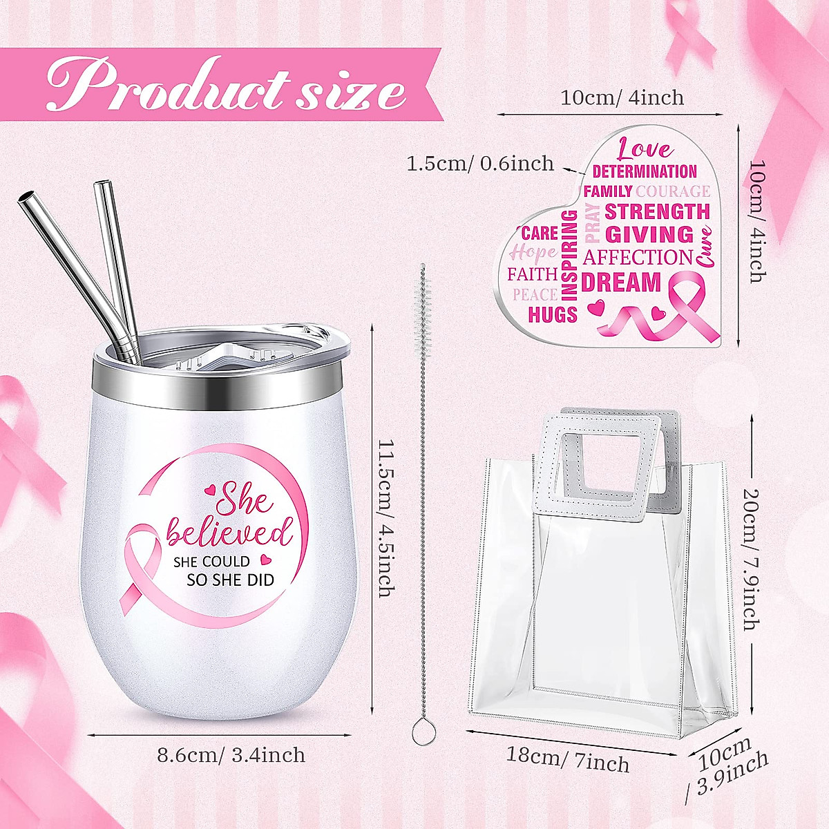 7 Pcs Breast Cancer Gift for Women Pink Ribbon Survivor Present 12 oz Breast Cancer Awareness Tumbler Coffee Mug with Lid Brush Straws Keepsake Raffia Grass Gift Bag Inspirational Gifts for Patients