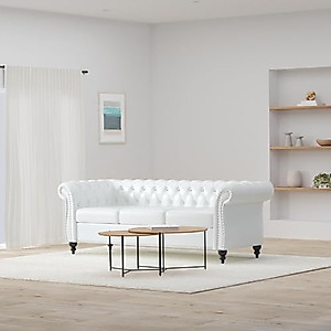 Wlvos 84" Leather Chesterfield Sofas for Living Room, Rolled Arm 3-Seater Large Couch Deep Button Nailhead Tufted Upholstered Couches for Bedroom, Office Apartment Easy to Assemble (Beige)