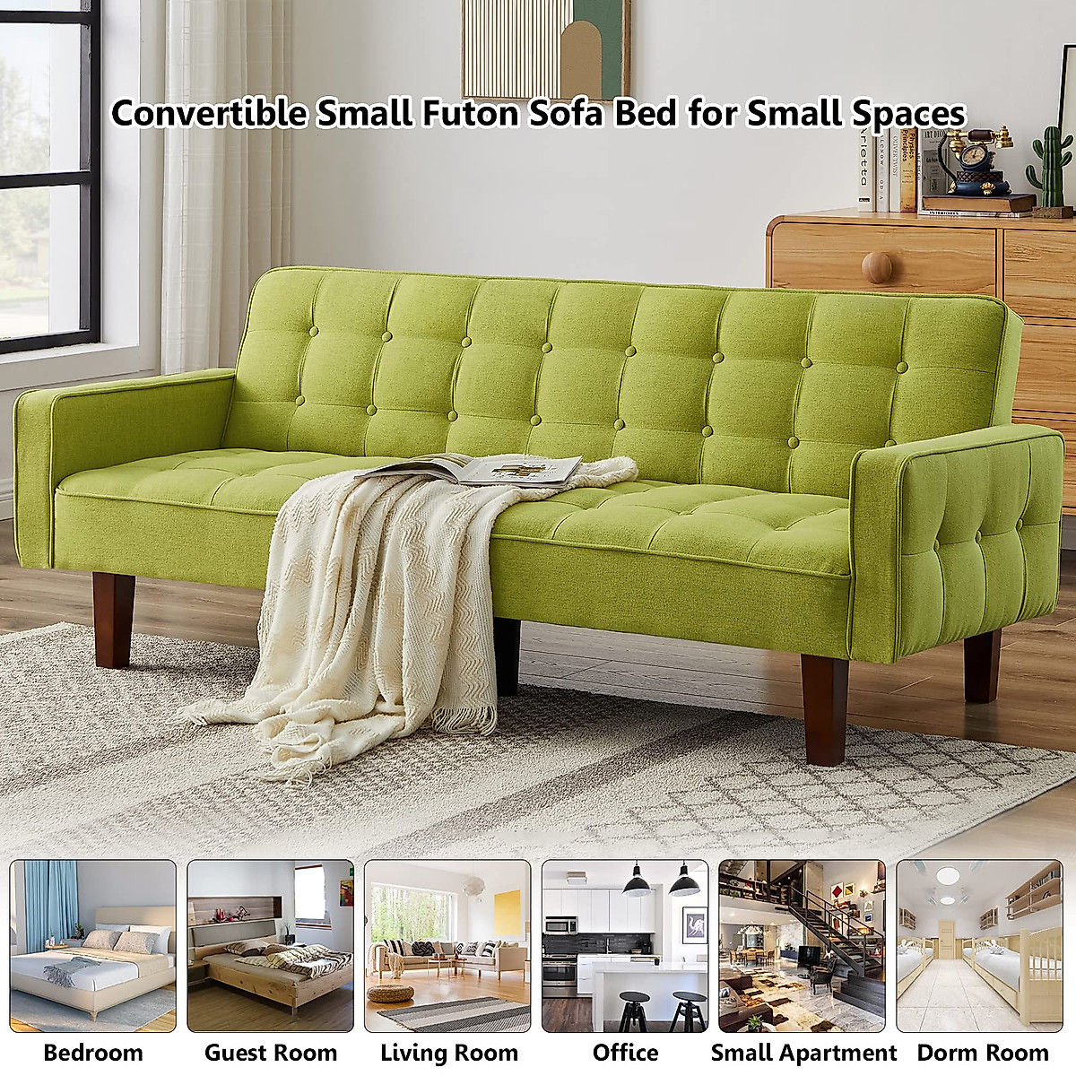 Setawix Linen Futon Sofa Couch Bed Button Tufted Convertible Sleeper Sofa Beds Reclining Armed 3 Seater Sofas Couches for Living Room Bedroom Apartment Small Spaces (Green)