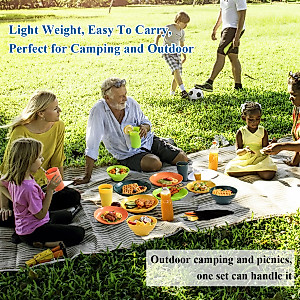 Evanda Plastic Dinnerware Set 28 Piece, Reusable Light Weight Mugs, Bowls, Dishes, Knives, Forks, Spoons for Camping Picnics And Everyday Use, Dishwasher Safe (Mutil Color)