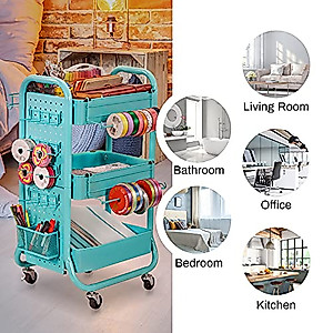 DESIGNA 3-Tier Utility Storage Rolling Cart with Removable Pegboard & Extra Storage Baskets Hooks, Metal Craft Art Carts for Gift Home Office, Teal
