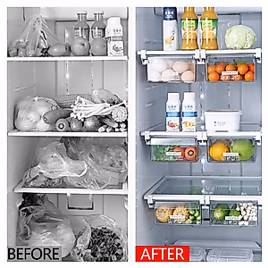 Simfree Pull Out Fridge Drawer,Fridge Drawer Organizer,Refrigerator Drawer Organizer,Pull Out Shelf Storage Transparent Organizer for Egg,Fruit,Vegetable,Seafood,Beef-4 compartments
