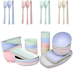 Eco Friendly，Wheat Straw Dinnerware Sets(60pcs)， Multicolor，Lightweight，Degradable ，Durable Dinner Plates Set:Bowls，Cups， Plates Set，Salad Bowls——Microwave and Dishwasher Safe