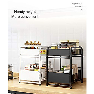 LEAYAN Multifunctional Under Sink Storage Metal Storage Drawer,Telescopic Sliding Drawer,Sliding Rack with Spice Dividers,Shower,Pantry,Kitchen,Bathroom,Under Sink Rack Shelf, White Short Large