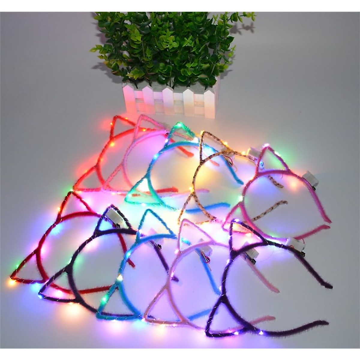 REQO 10 Pieces Cat Ears Headbands Set,LED Cute Cat Light Up Head Accessories,Glowing Girls Headdress Party Supplies For Night Clubs, Raves, Concert Party,Christmas,Halloween,Adults,Kids (10pcs-A)