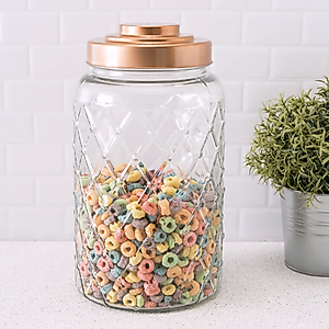 Home Basics Textured Glass Jar with Gleaming Air-Tight Copper Top, Kitchen Glassware Food Beverage Preserving Container, Clear (Large)