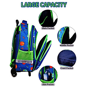 Rolling Backpacks for Girls, Boys Backpack Trolley Bag, Kids Wheeled Backpack with Lunch Bag Pencil Case Cartoon Printed Primary School Bag Set 16 inch Pupils Satchel Rolling Backpack for Children Students