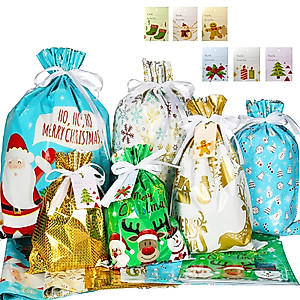 HRX Package Holiday Drawstring Gift Bags with Tags, 30pcs Christmas Foil Gift Wrapping Sacks Pouches for Xmas Presents Party Favor
