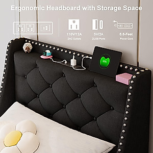 Feonase Twin Bed Frame with Luxury Wingback Upholstered Button Tufted Storage Headboard, Twin Platform Bed with Charging Station, Sturdy Wooden Slats Support, Noise-Free, Easy Assembly, Black