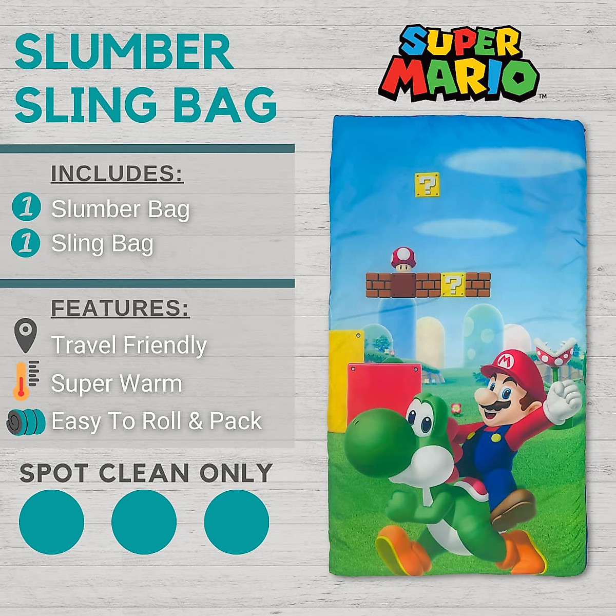 Super Mario Kids Soft Lightweight 2 Piece Sleeping/Slumber Bag and Sling Bag Set, 46"(L) X 26"(W), (Official Licensed Nintendo Product) by Franco