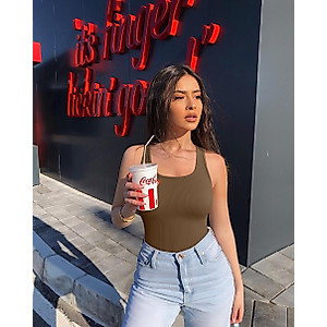 OQQ Women's 3 Piece Bodysuits Sexy Ribbed Sleeveless Racerback Tank Tops Bodysuits Black Coffee Beige