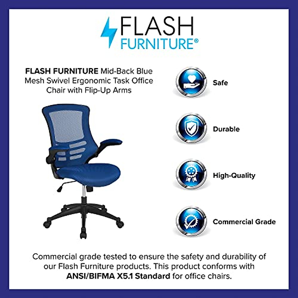 Flash Furniture Kelista Mid-Back Blue Mesh Swivel Ergonomic Task Office Chair with Flip-Up Arms