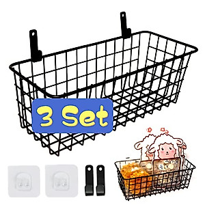 3 Set Hanging Wire Baskets,Wall Mount Fruit Basket,No Drilling,Adhesive Small Metal Basket,Farmhouse Food Storage Mesh Bin Kitchen Pantry Laundry Bathroom Closet Garage RV,Black