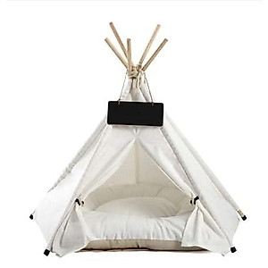 Pet Teepee with Soft Cushion for Dogs, Cats, Rabbits and Puppies, Portable Pet Tent, White Dog Tent. Pet House with Bed, Washable Dog Teepee, Portable Dog House (White)