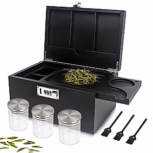 lotmusic Large Storage Box with Removable Slide-Out Tray,Bamboo Decorative Box with 3-Pack Glass Jars Cleaning Brushes,Home Decoration Black Storage Box with Combination Lock for Gifts