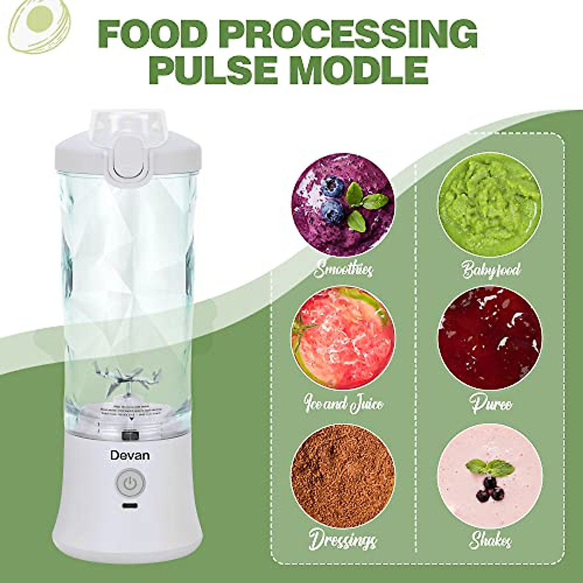 Portable Blender,270 Watt for Shakes and Smoothies Waterproof Blender USB Rechargeable with 20 oz BPA Free Blender Cups with Travel Lid. (White)