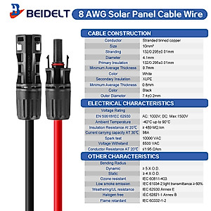 BeideLt Solar Panel Wire- 20FT Black & 20FT Red Tinned Copper Wire, 8AWG(10mm²) Solar Extension Cable with Female and Male Connectort with Adapter Tool Kit,Solar Extension Cable for Solar Panel