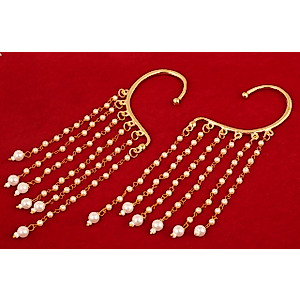 Touchstone Indian bollywood innovative ear shape lucrative look faux pearls hangings long bridal chandelier designer jewelry earrings for women in gold tone.