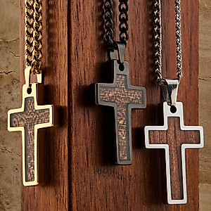 MJ Metals Jewelry Personalized Tungsten Carbide Polished Hawaiian Koa Wood Inlay Cross Pendant Necklace w/Narrow 3mm 18" Stainless Steel Cuban Chain