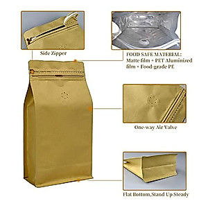 50 Pcs Coffee Bags with Valve, Stand up Coffee Pouches, Flat Bottom Coffee Bags for Home or Store (Kraft,1LB)