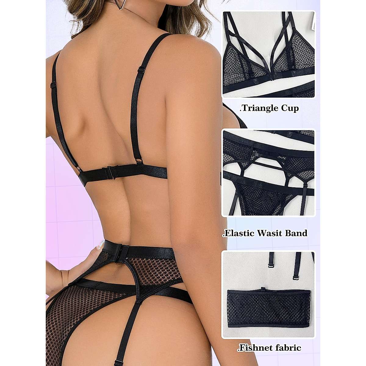 popiv Women's Sexy Lingerie Set with Garter Belt Matching Bra and Panty Lingeries Sets 4 Piece Black