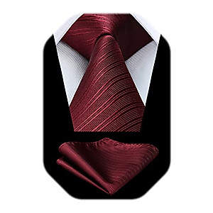 HISDERN Burgundy Ties for Men Formal Maroon Mens Ties and Pocket Square Set Wine Red Striped Silk Necktie Handkerchief for Wedding Business Graduation School Party