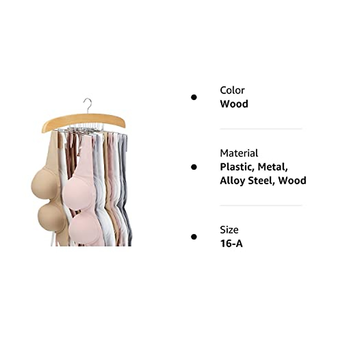 Bra Hanger Organizer with Premium Wood, 16 Large Capacity, Space Saving, 360° Rotating, Foldable Metal Hooks, Resovo Bra Closet Organizer for Bras, Tank Tops, Bathing Suits, Ties-Wood