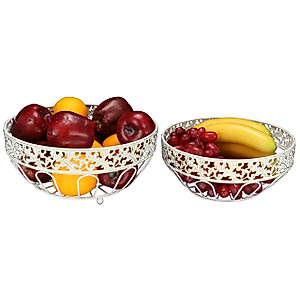 ROSYLINE 2 tier fruit basket, fruit bowl, multi-purpose kitchen and living room storage fruit and vegetable basket (White Brushed Bronze)