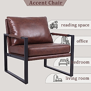 Nusetx Mid-Century Modern Accent Chair, Faux Leather Upholstered Living Room Chairs with Waist Cushion, Reading Armchair for Bedroom Sunroom, Brown