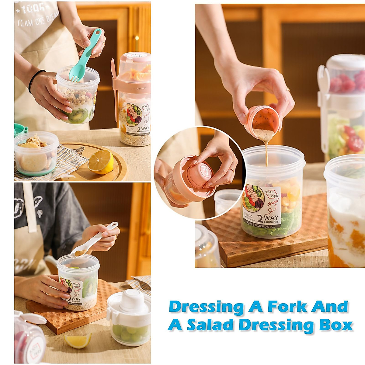 Daasigwaa Breakfast On The Go Cups, Salad Cup To Go, Take And Go Yogurt Cereal Overnight Oats Snack Parfait Containers & Salad Dressing Holder With Fork For Lunch, Fruit & Vegetable Jar(White,36.2oz)